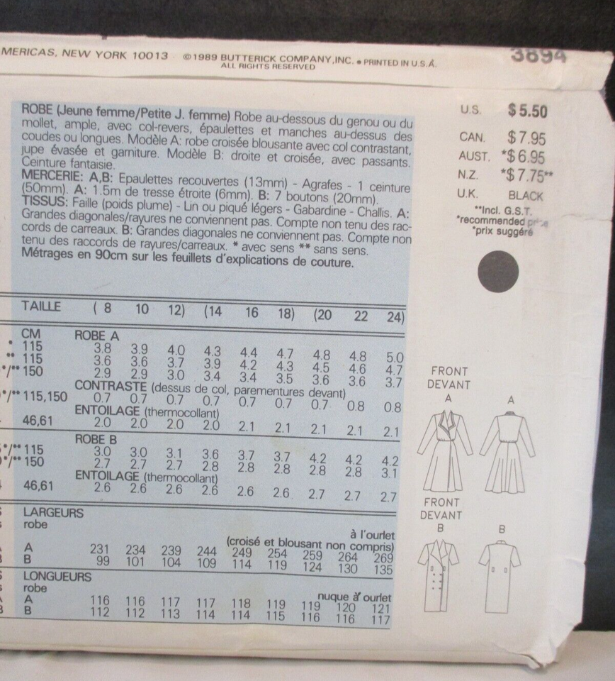 Butterick Fast & Easy Pattern 3894 Miss Size 20-22-24 Dress Wrap or ...