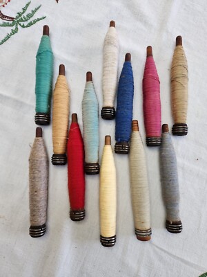 12 Antique Wooden Spools Thread Shuttle Yarn Weaving Spindle Bobbins 8 ...