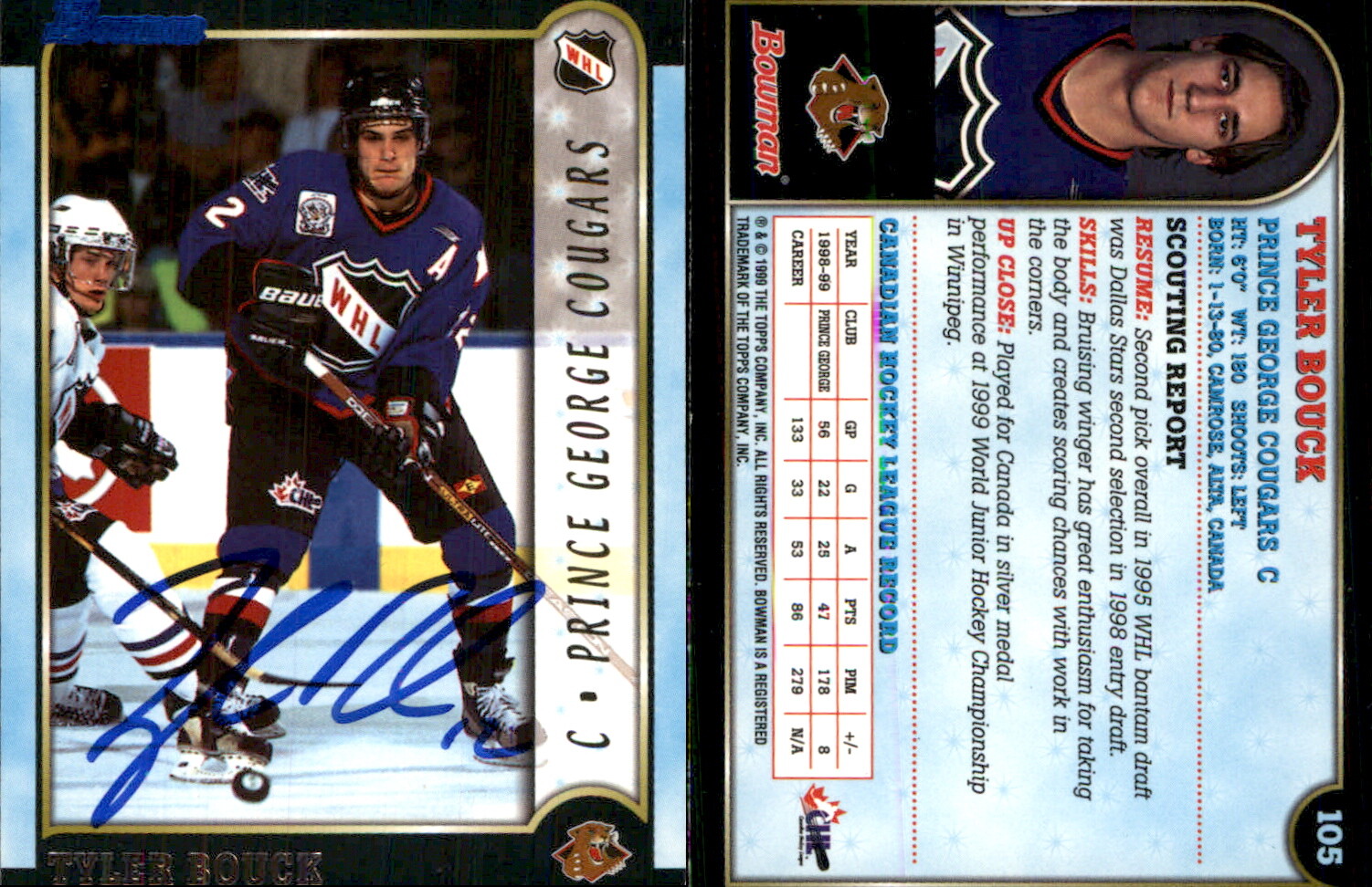 Tyler Bouck Signed 1999 Bowman CHL #105 Card Prince George Cougars Auto ...
