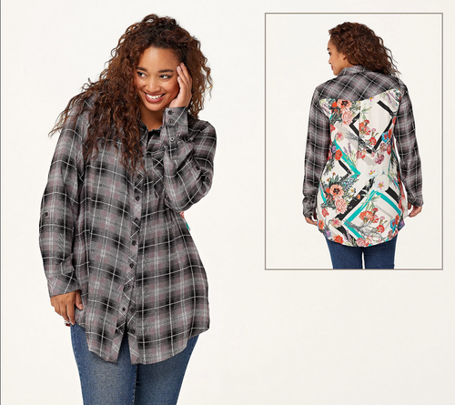 Tolani Collection Plaid Tunic with Print Back-Blk/Naturl/Plaid-Large ...