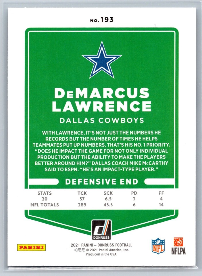 DeMarcus Lawrence 2021 Panini Donruss Football #193 Dallas Cowboys NFL ...