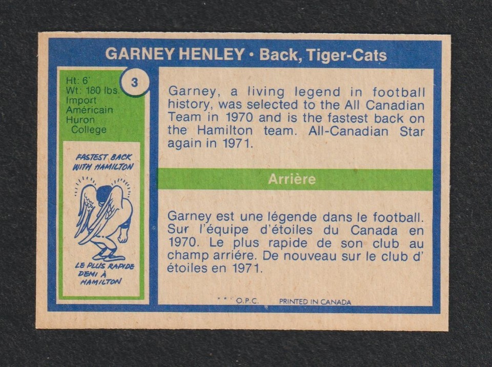 1972 0-PEE-CHEE CFL #3 GARNEY HENLEY HAMILTON TIGER CATS | eBay