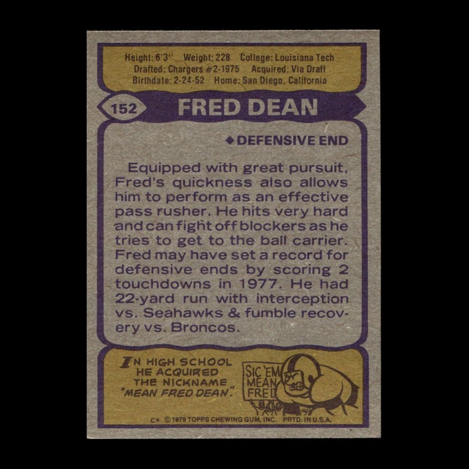 Fred Dean 1979 Topps San Diego Chargers #152 R310C 1 | eBay