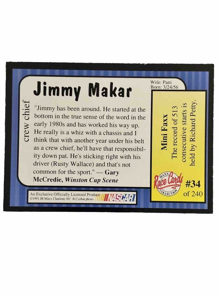 Brand New: Vintage 1991 Maxx Jimmy Makar NASCAR Crew Chief Trading Card ...