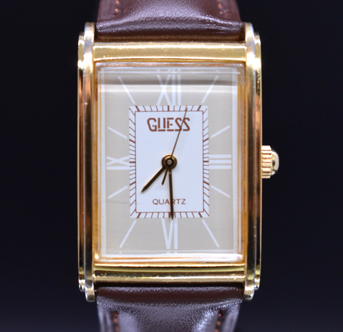 Vtg GUESS 1987 Tank Roman Numeral Watch Men Leather 80's NEW BATTERY ...