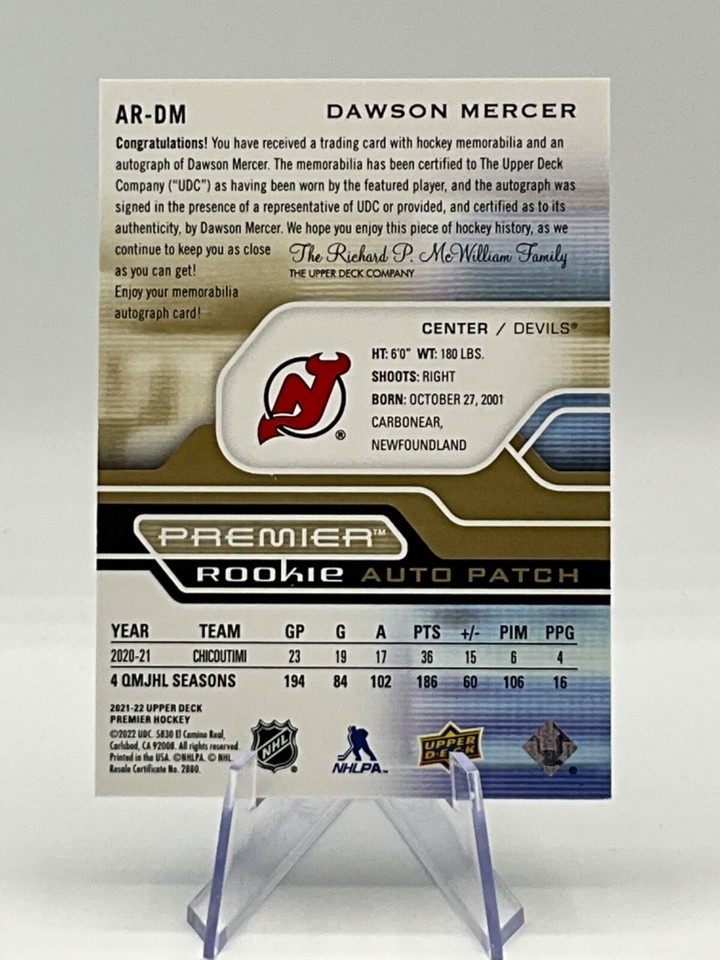 2021-22 Upper Deck Premier #AR-DM Dawson Mercer 45/65 Gold Rookie Auto ...