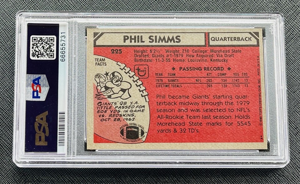 1980 TOPPS PHIL SIMMS ROOKIE CARD #225 PSA 9 MINT RARE / LOW PSA POP NY ...