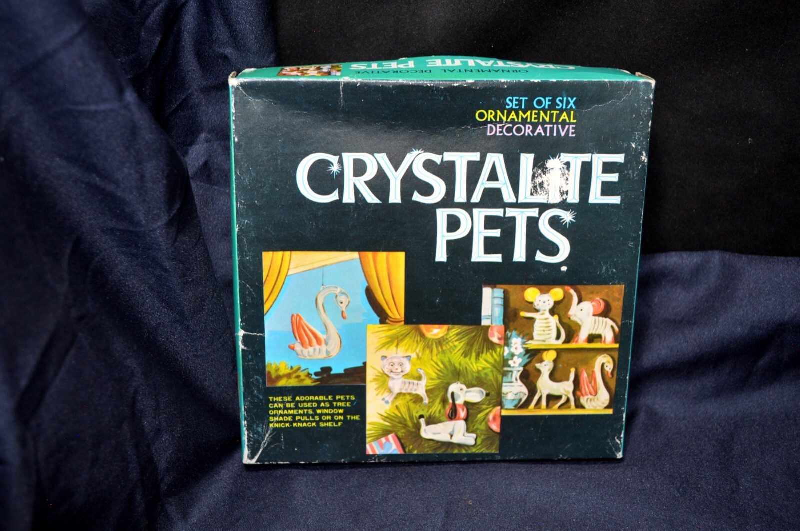 VTG 1976 XMAS ORNAMENTS, SET 6 CRYSTALITE PETS IN ORIGINAL BOX, LUCITE ...