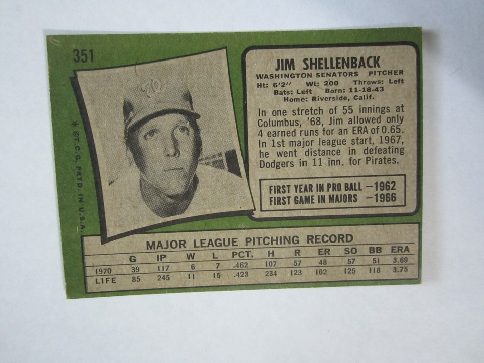 1971 Topps # 351 Jim Shellenback Autograph / Signed Card Washington ...