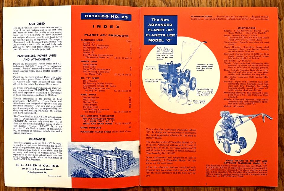 Planet Jr Planetillers Power Unit Hand Tool 1959 catalog/price list SL ...