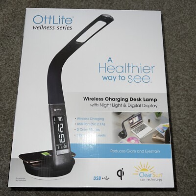 OttLite WELLNESS LED Desk Lamp w/Clock & Wireless Charging Black ...