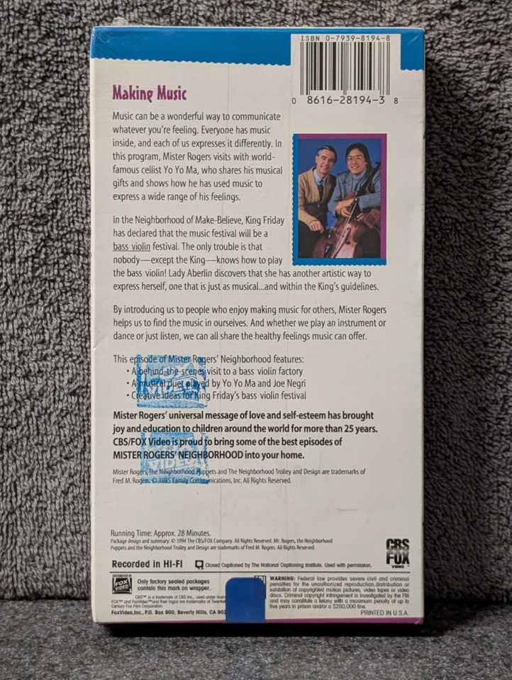 MISTER ROGERS - MAKING MUSIC - SEALED VHS - YO YO MA - FREE SHIPPING | eBay