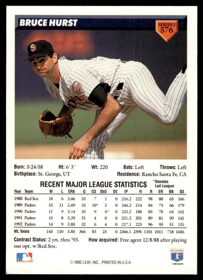 1993 Donruss Baseball Card Bruce Hurst San Diego Padres #576 | eBay