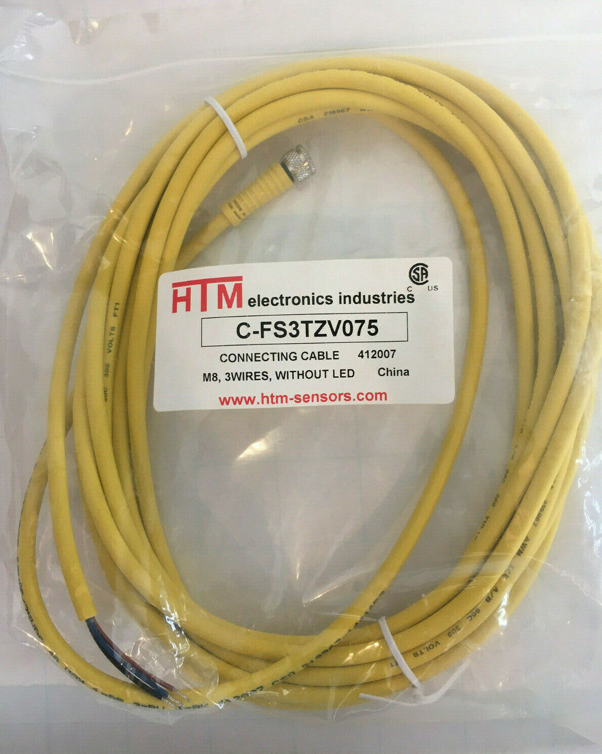 NEW HTM C-FS3TZV075 M8 Sensor Cable, 3 PIN, 5M, YELLOW | FAST SHIPPING ...