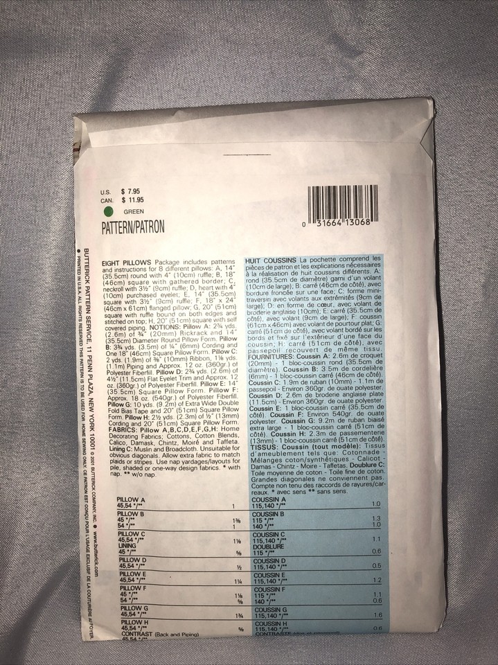 Butterick Sewing Pattern 6097 Pillows - 8 different Pillows New Uncut ...