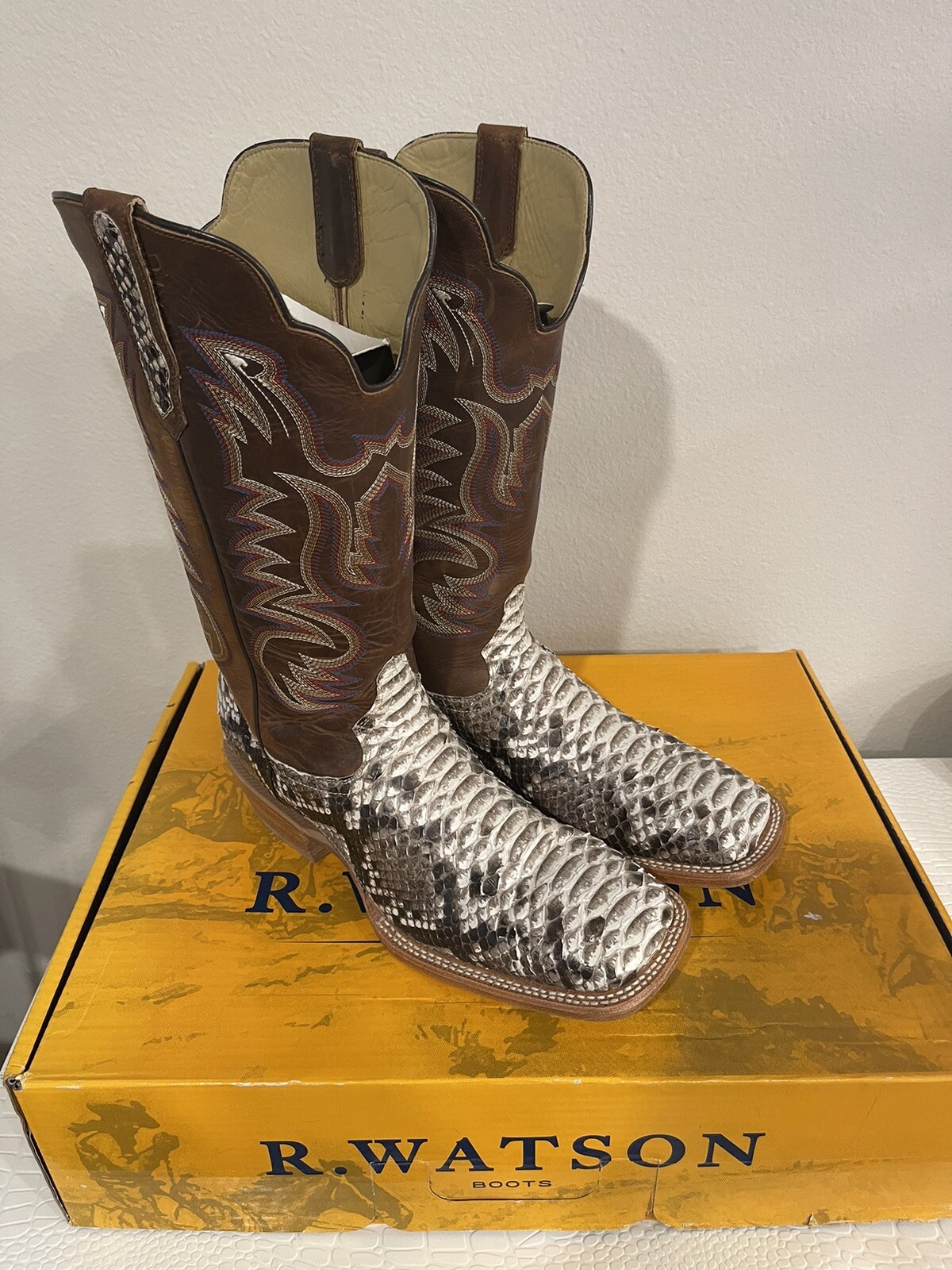 R. Watson Boots Python Square Toe Cowboy Mens Brown Boots Size 12D ...