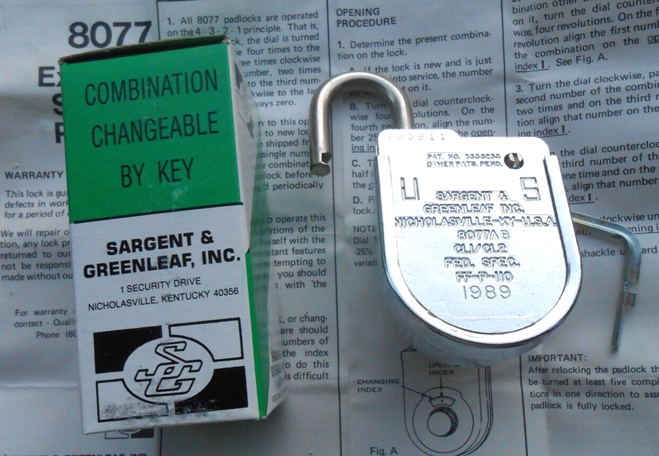NEW!!! S & G Sargent and Greenleaf 8077A Combination Padlock w/change ...