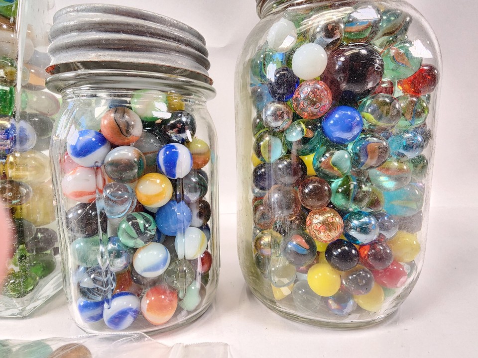 Lot of Vintage Marbles in Jars Collection Glass Swirls Colorful Estate ...