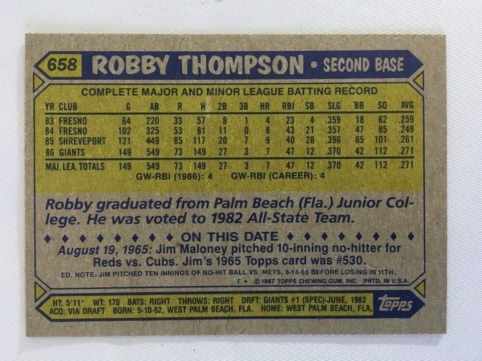 1987 Topps #658 Robby Thompson All-Star Rookie San Francisco Giants ...