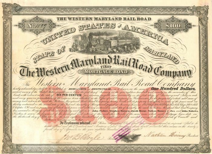 Western Maryland Railroad - 1858 dated $100 Railway Bond - Railroad ...