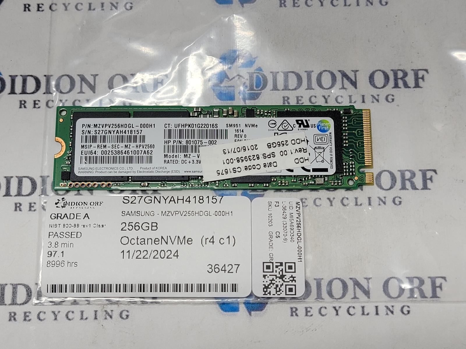 SAMSUNG SM951 256GB M.2 NVMe 2280 SSD MZVPV256HDGL-000H1, Grade A, SKU ...