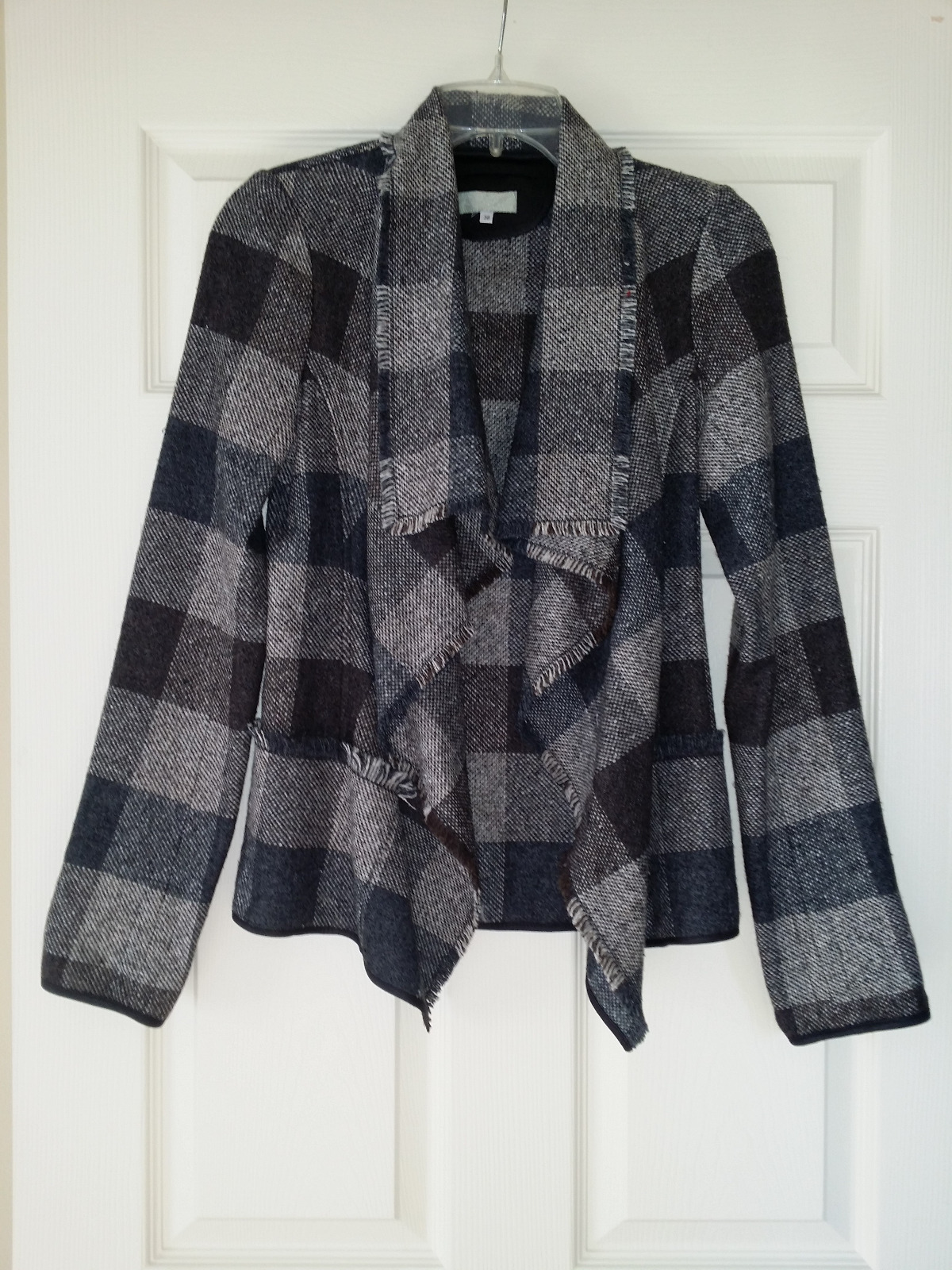 RODIKA ZANIAN FRENCH DESIGN Plaid Tweed Open Front Fringe Trim Cardigan ...