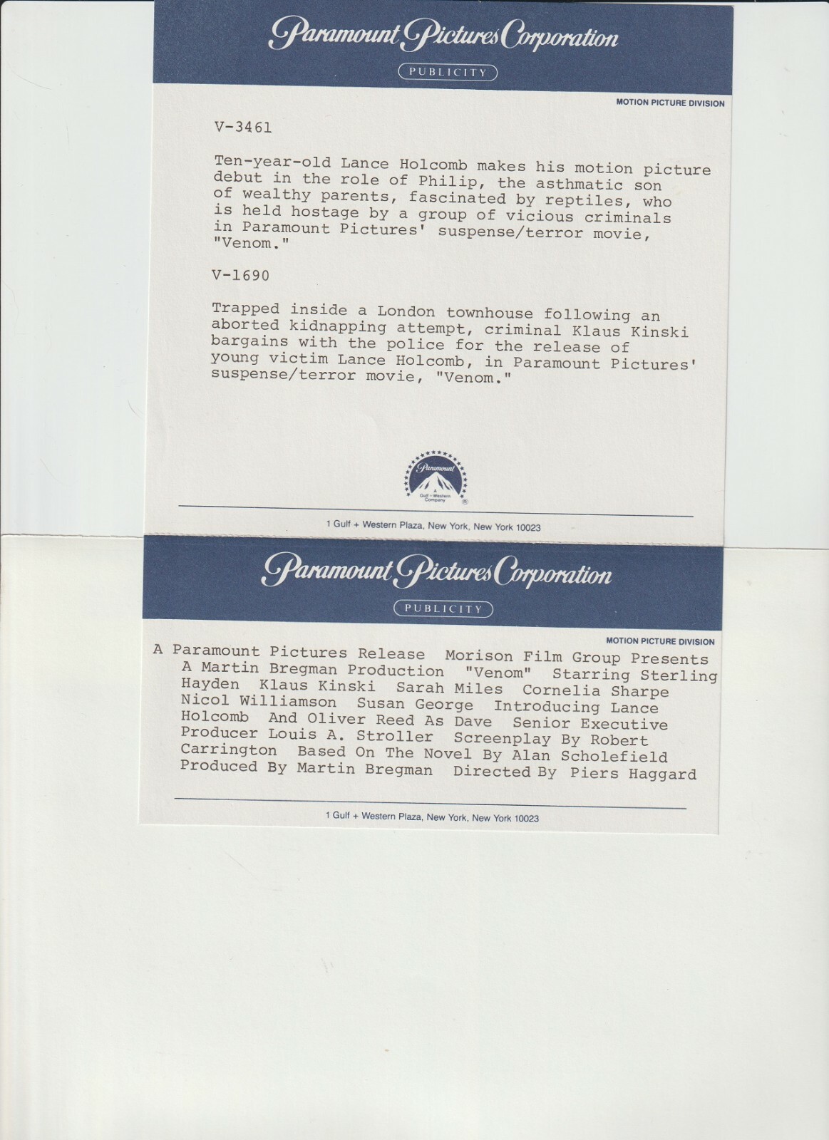 Original Photo 1981 Venom Lance Holcomb Klaus Kinski # 3461 & # 1690 | eBay