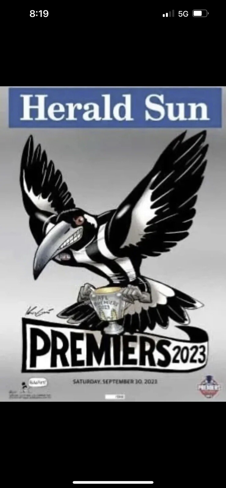 2023 Collingwood HERALD SUN Mark Knight Premiership POSTER SILVER FOIL ...