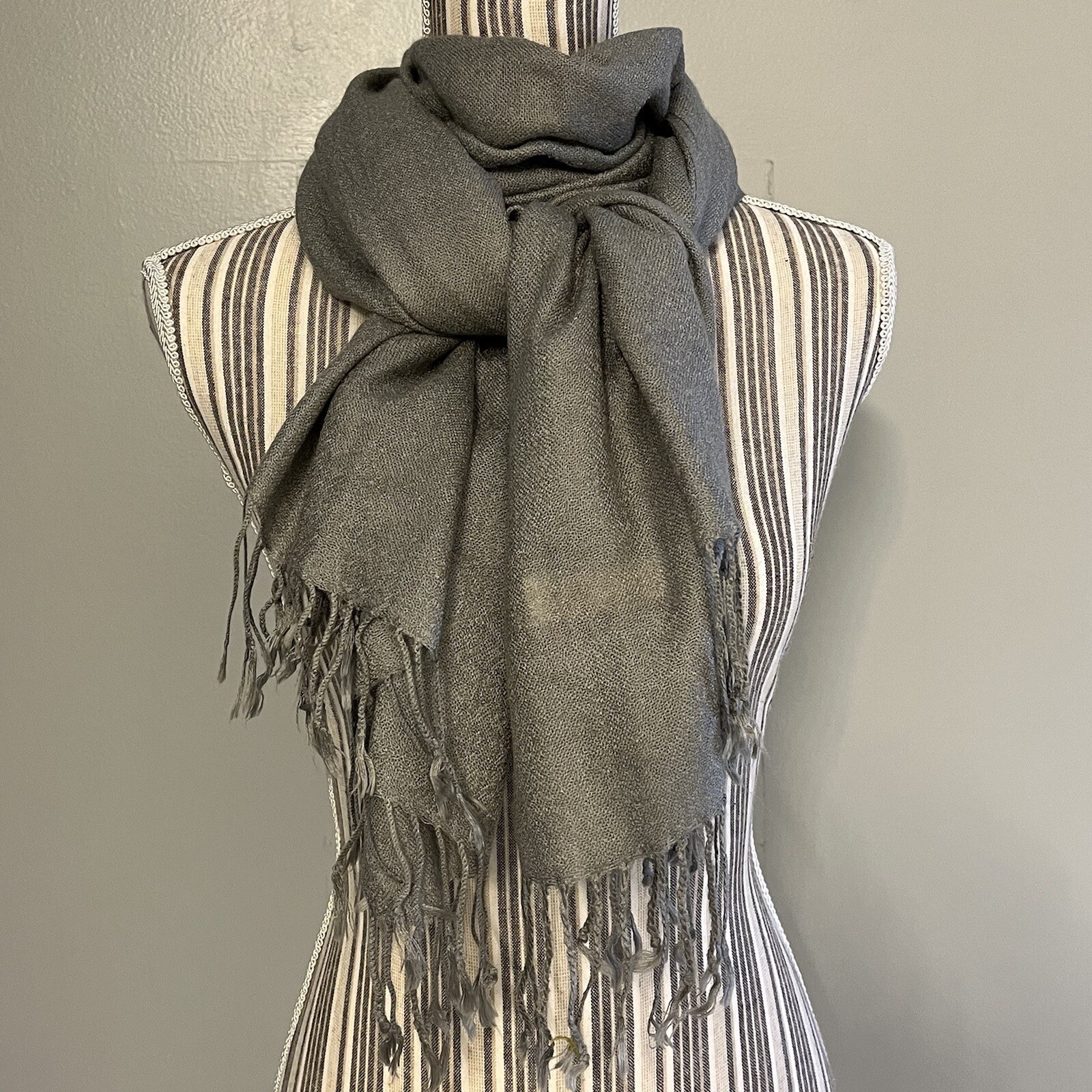 Women’s Gray Boho Fringe Rectangular Scarf 70% Pashmina 30% Silk | eBay