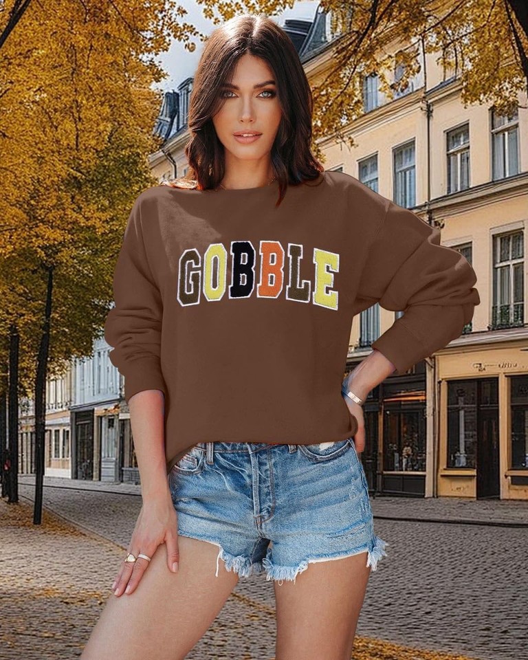 Thanksgiving Sweatshirt Womens Chenille Gobble Shirt Colorful Letter ...
