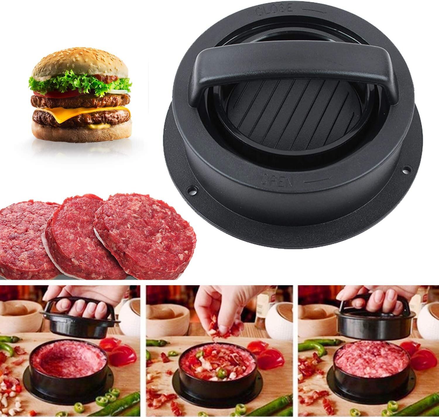 3 IN 1 Stuffed Burger Press Patty Maker Non-Stick Meat Hamburger Patty ...