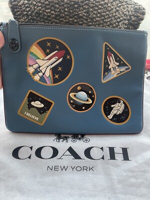 COACH NASA EMBOSSED ROCKET SHUTTLE BLUE GLOVETANNED LEATHER CLUTCH BAG ...