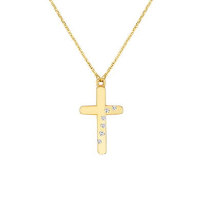 14K Solid Yellow Gold Diamond Scattered Cross Necklace Adjustable 16 ...