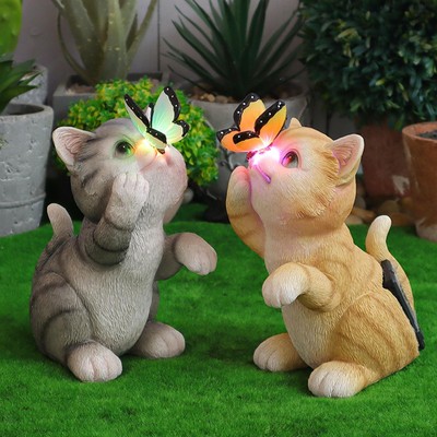 Cute Garden Cat Statue Solar Light Kitten Sculpture for Garden Patio | eBay