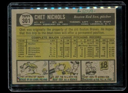 Vintage 1961 TOPPS Baseball Trading Card #301 CHET NICHOLS Boston Red ...