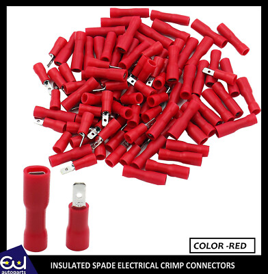 100x RED FULLY INSULATED SPADE ELECTRICAL CRIMP CONNECTORS -MIXED MALE ...