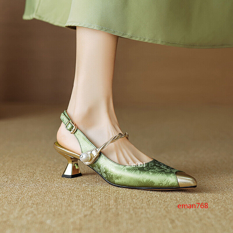 Women Chinese Style Pointed Toe Sandals Summer Kitten Heel Slingback ...