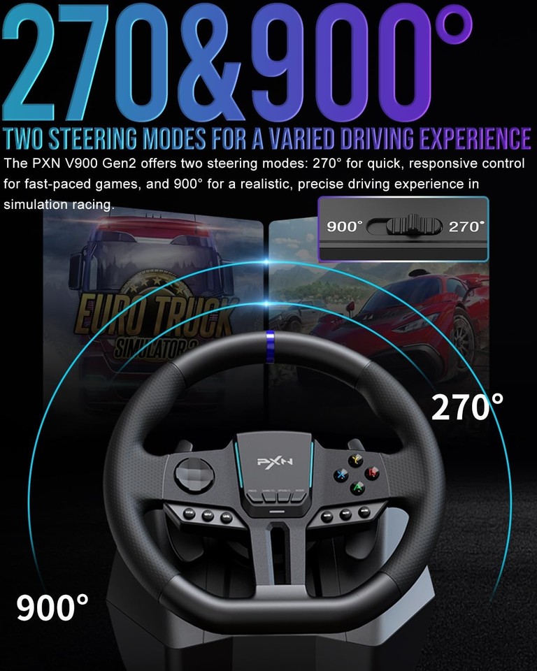 PXN V900 Gen2 Gaming Steering Wheel with Hall Pedals - 16 Bit, 280mm ...