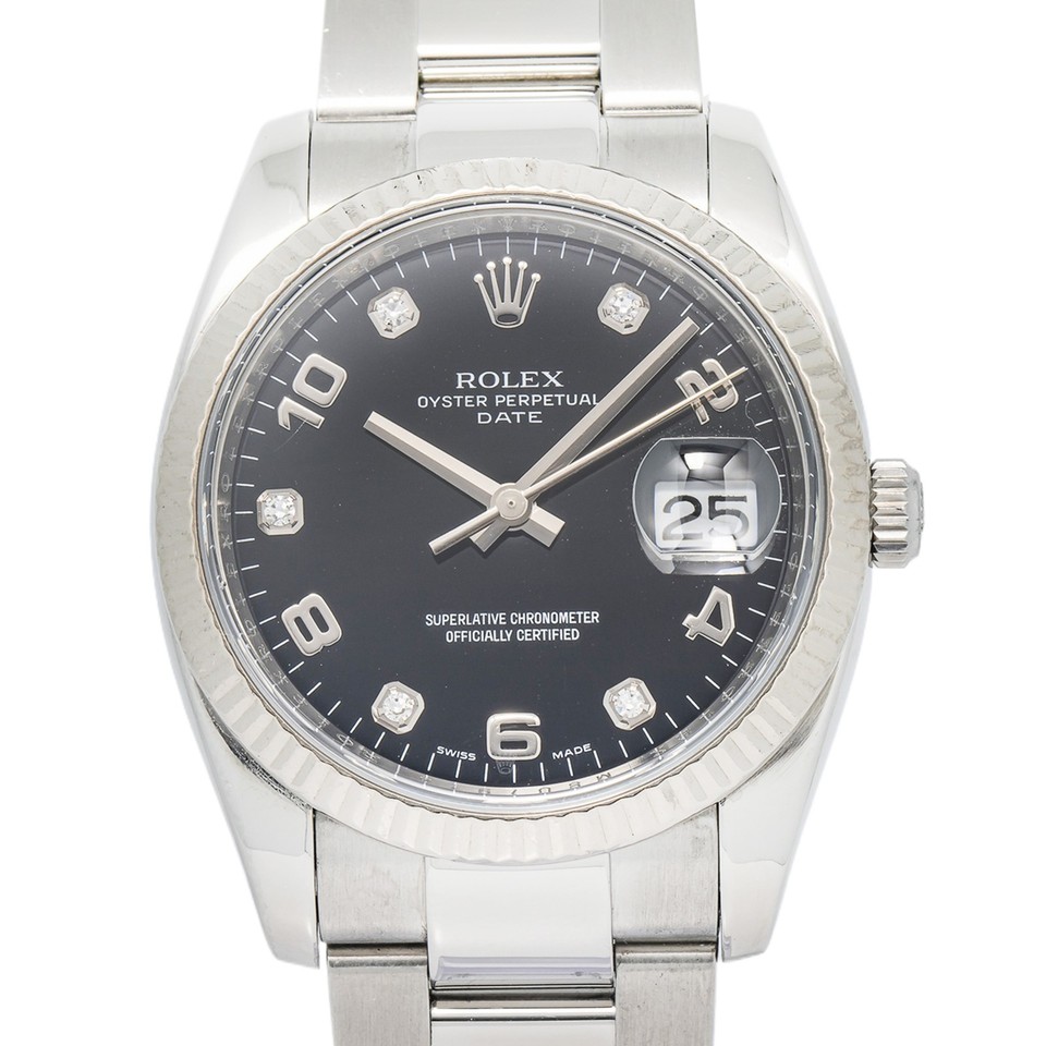 Rolex Date 115234 SS Oyster 18K White Gold Bezel Black Diamond Dial ...