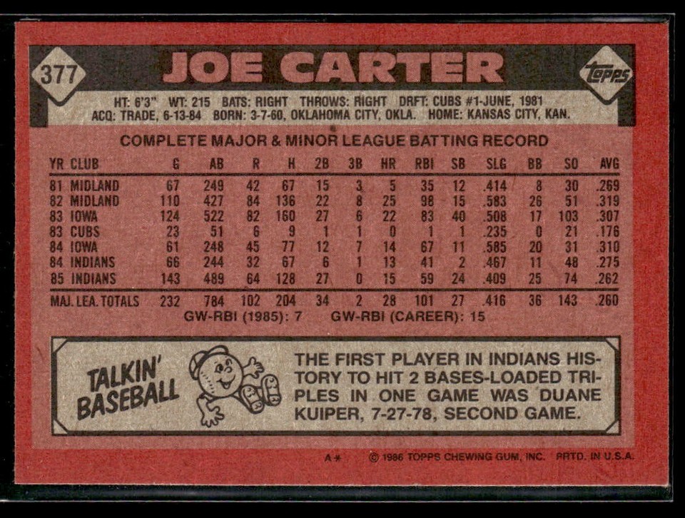 1986 Topps #377 Joe Carter Baseball Card 1401D | eBay