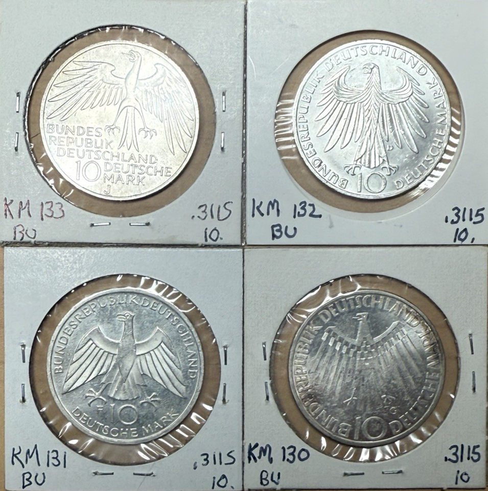 SILVER Set of 4 Different UNC. 1972 Germany 10 Mark Silver Munich ...