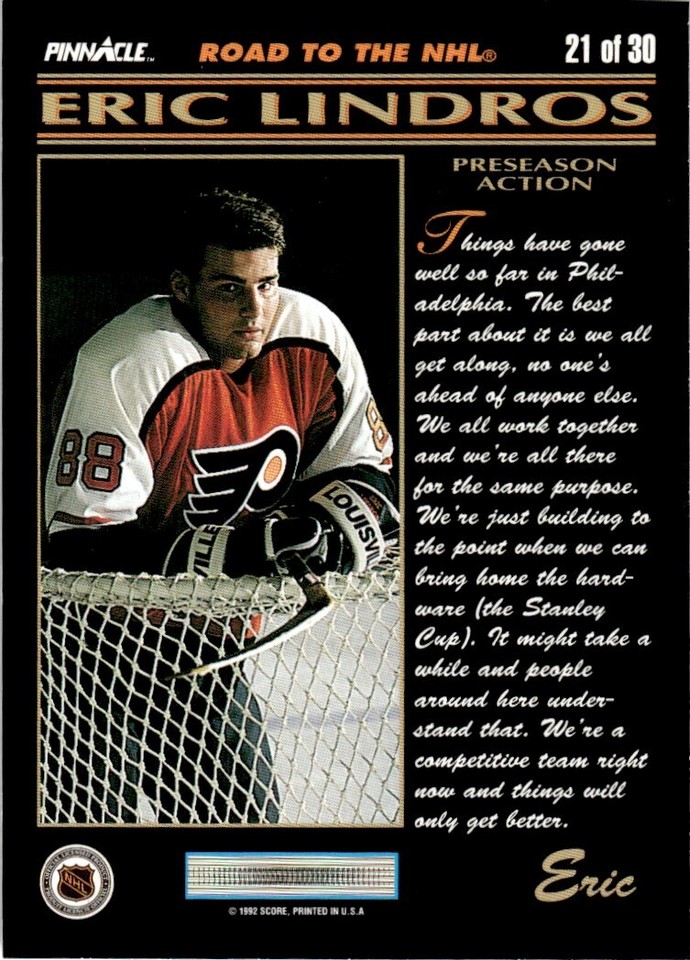 1992-93 Pinnacle Eric Lindros Preseason Action Philadelphia Flyers #21 ...