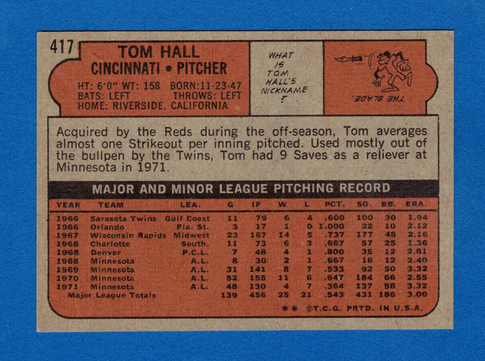 1972 TOPPS #417 TOM HALL CINCINNATI REDS CARD -- NR MINT | eBay