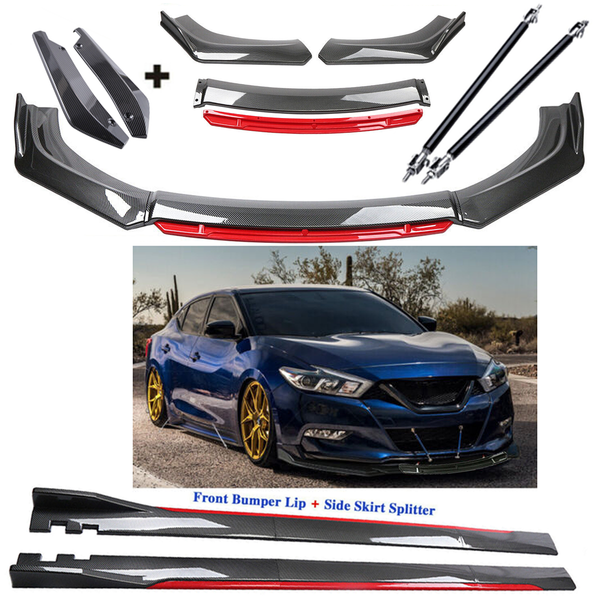 For Nissan Maxima Carbon Fiber Front Bumper Lip Spoiler + Side Skirt ...