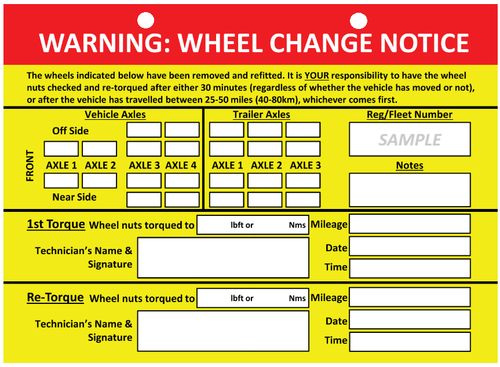 Wheel Re-Torque Warning Notice Tag Card for Wheel Change (50 punched ...