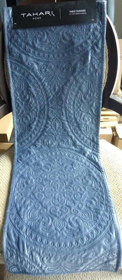 New TAHARI Quilted Medallion TABLE RUNNER Velvet Light Slate Blue 16" x ...