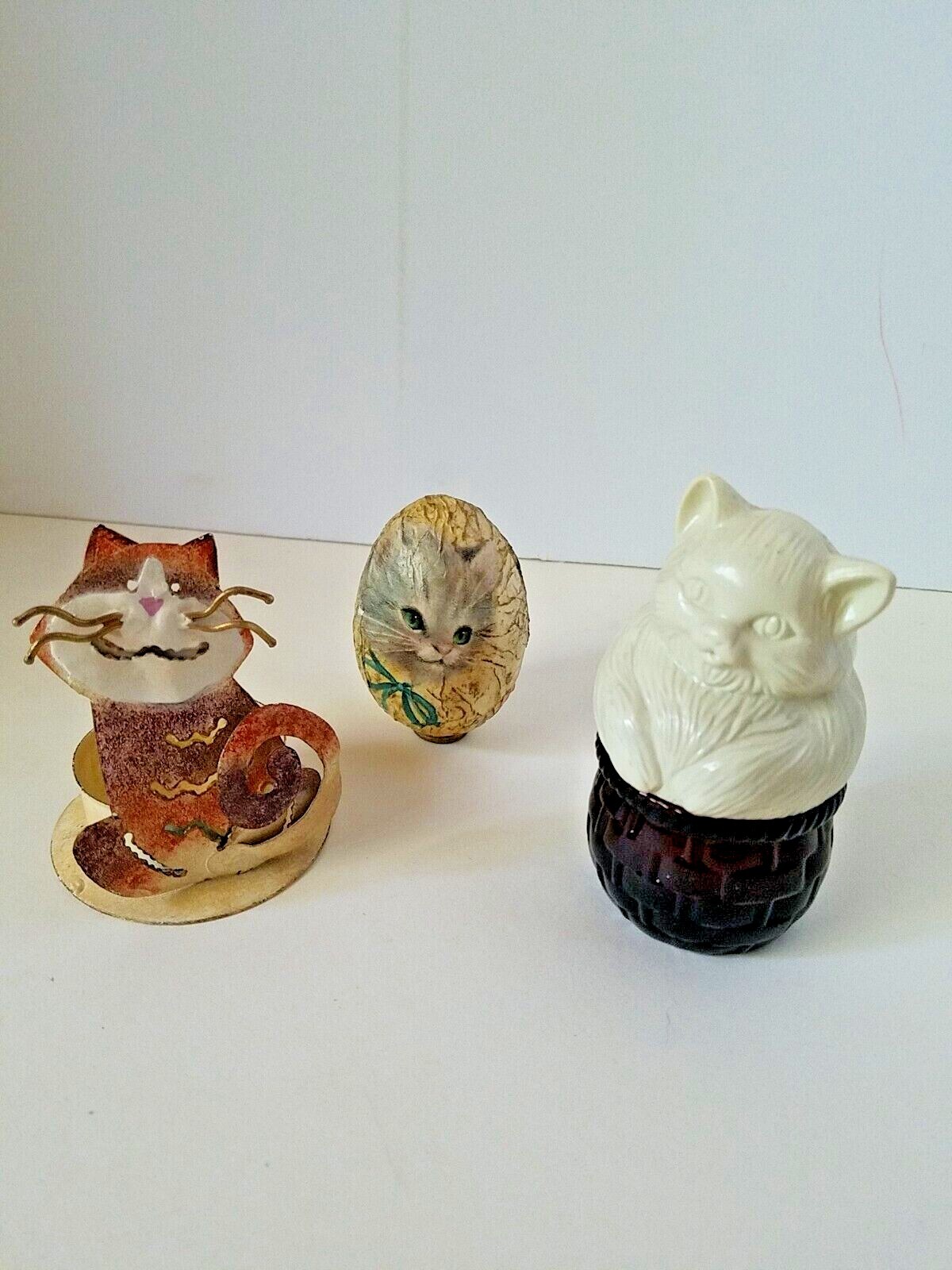Vintage Lot Of 3 Cats Metal Tea Light Avon Cat In Basket Decoupage Egg ...
