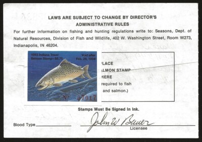 USA 1993 INDIANA Fishing License for NON-RESIDENT Revenue Trout Stamp ...