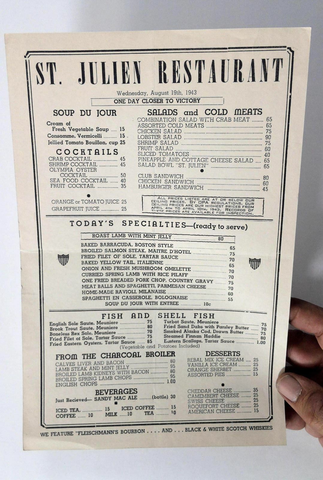 1943 Vintage WWII War Ration OPA Menu ST. JULIEN RESTAURANT San ...