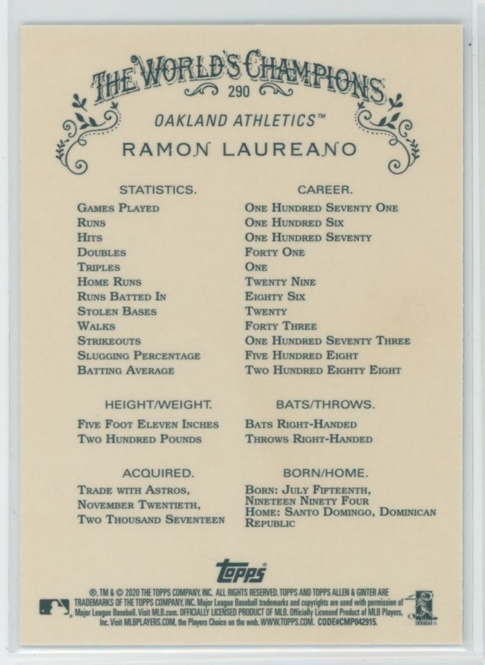 2020 Topps Allen & Ginter Chrome Ramon Laureano Oakland Athletics #290 ...